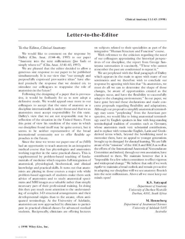 (PDF) 1998 Letter to Editor Clinical Anatomy