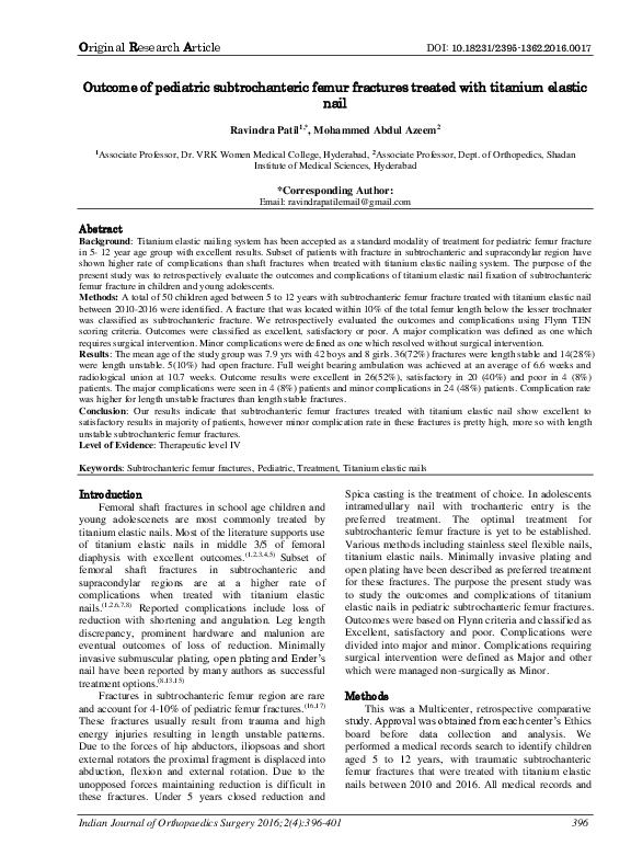 (PDF) Outcome of pediatric subtrochanteric femur fractures treated with titanium elastic nail