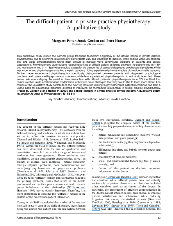 (PDF) The difficult patient in private practice physiotherapy: A ...