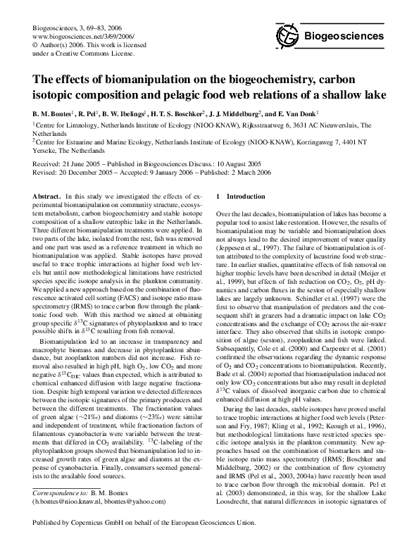 (PDF) The effects of biomanipulation on the biogeochemistry, carbon ...