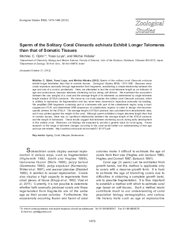 (PDF) Sperm of the Solitary Coral Ctenactis echinata Exhibit Longer ...
