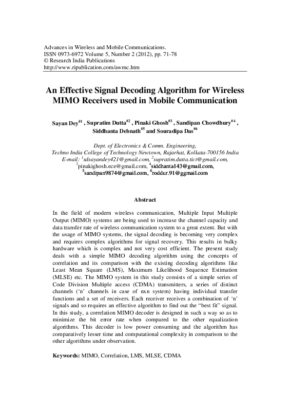 (PDF) An Effective Signal Decoding Algorithm for Wireless MIMO Receivers used in Mobile ...