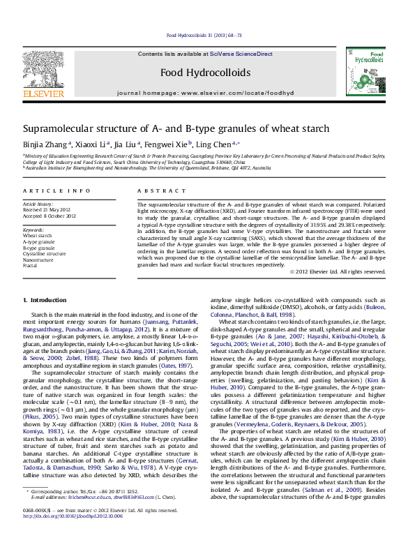 (PDF) Supramolecular structure of A- and B-type granules of wheat starch