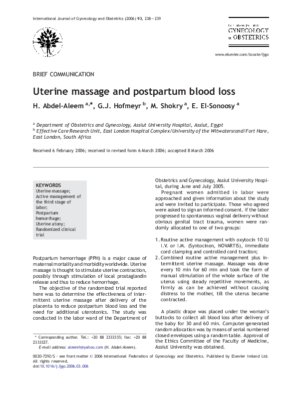 (PDF) Uterine massage and postpartum blood loss