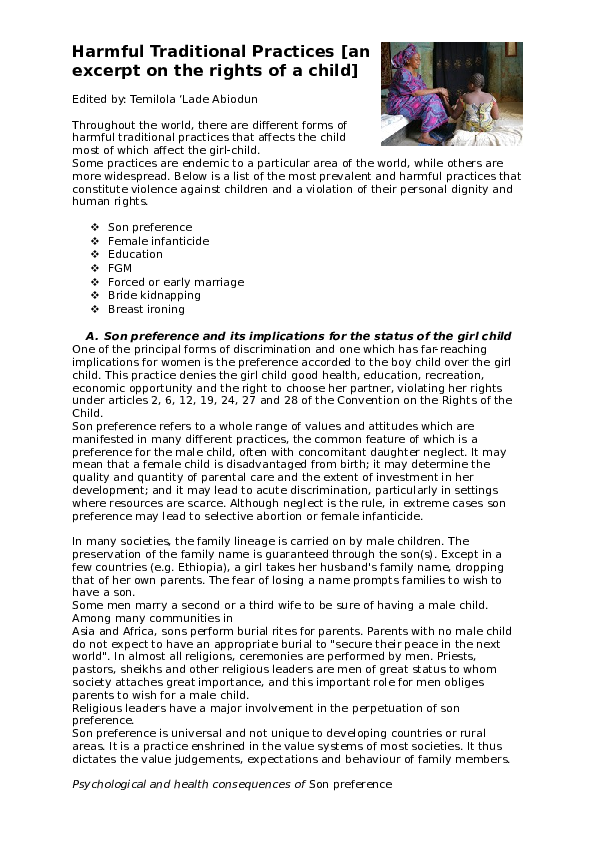 (DOC) Harmful Traditional Practices [an excerpt on the rights of a child