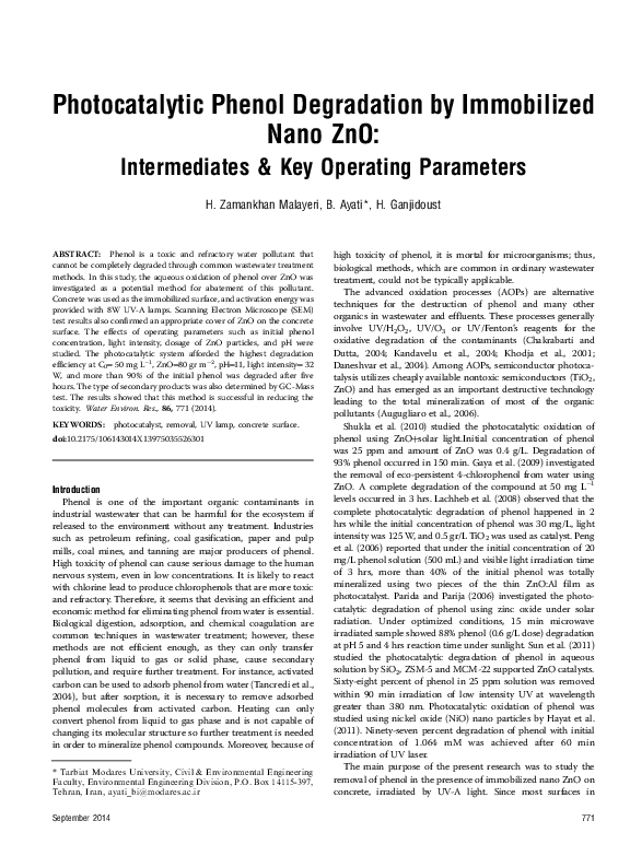 (PDF) Photocatalytic phenol degradation by immobilized nano ZnO ...