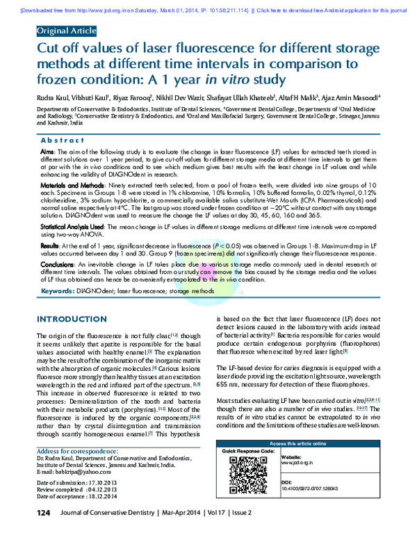 (PDF) Cut off values of laser fluorescence for different storage ...
