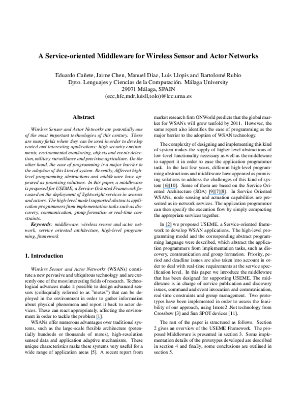 Pdf A Service Oriented Middleware For Wireless Sensor And Actor Networks