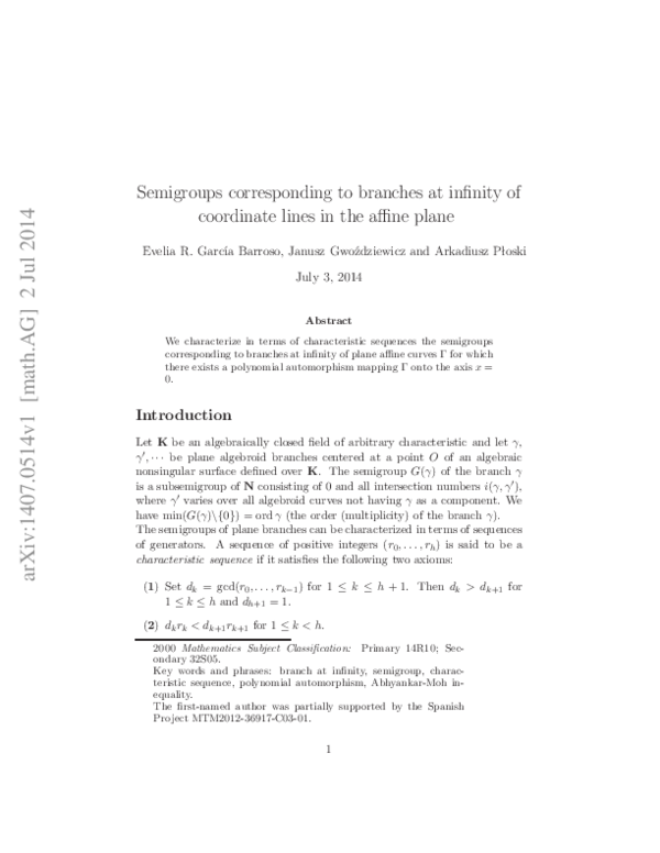 (PDF) Semigroups corresponding to branches at infinity of coordinate lines in the affine plane
