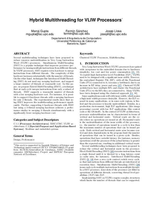 (PDF) Hybrid multithreading for VLIW processors | fermin sánchez - Academia.edu
