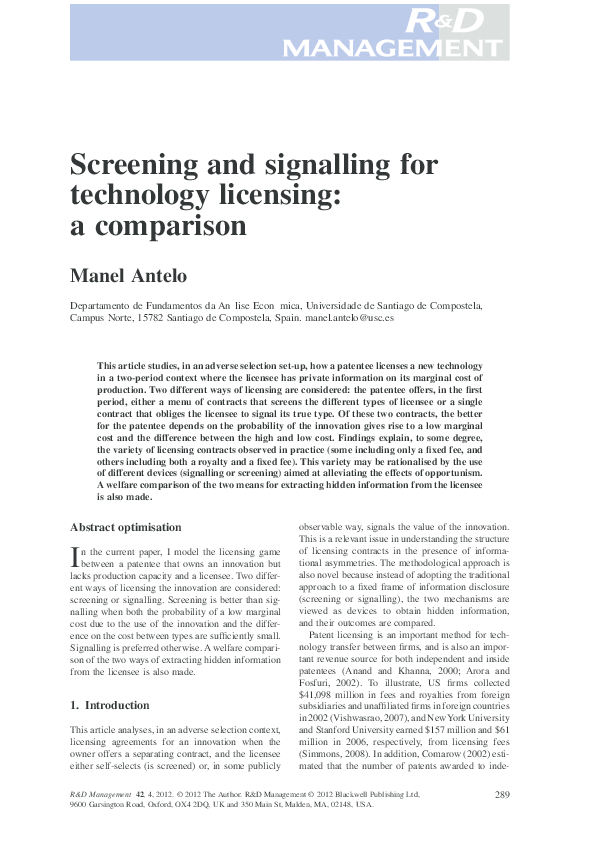 (PDF) Screening and signalling for technology licensing: a comparison