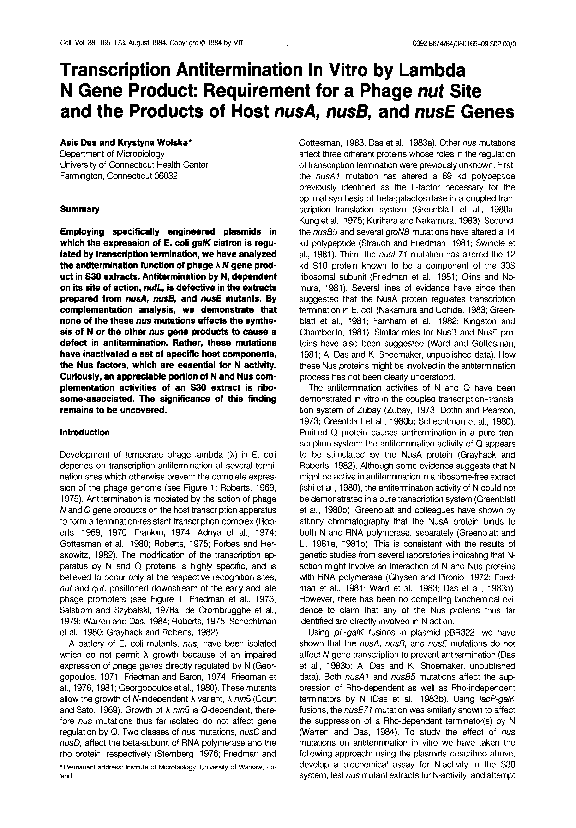(PDF) Transcription antitermination in vitro by lambda N gene product ...