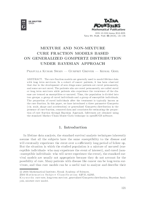 (PDF) MIXTURE AND NON-MIXTURE CURE FRACTION MODELS BASED ON GENERALIZED GOMPERTZ DISTRIBUTION ...