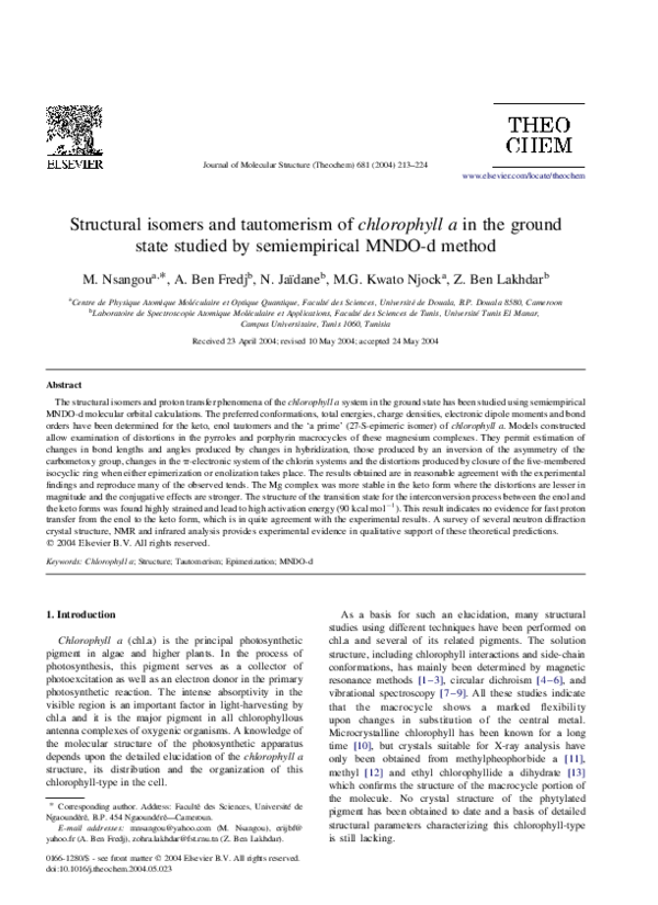 (PDF) Structural isomers and tautomerism of chlorophyll a in the ground ...