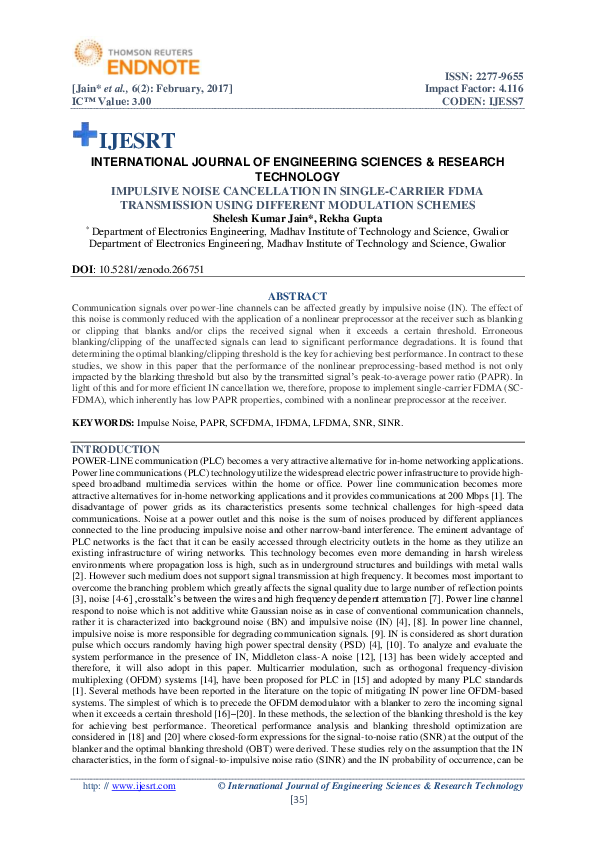 (PDF) IMPULSIVE NOISE CANCELLATION IN SINGLE-CARRIER FDMA TRANSMISSION USING DIFFERENT ...