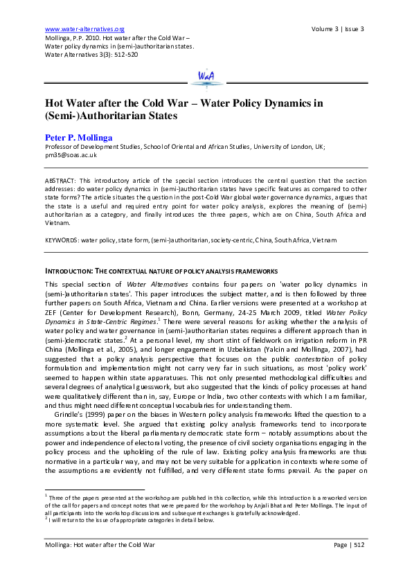 (PDF) Hot water after the Cold War – Water policy dynamics in (semi ...