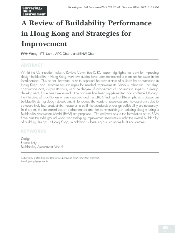 (PDF) A Review of Buildability Performance in Hong Kong and Strategies ...