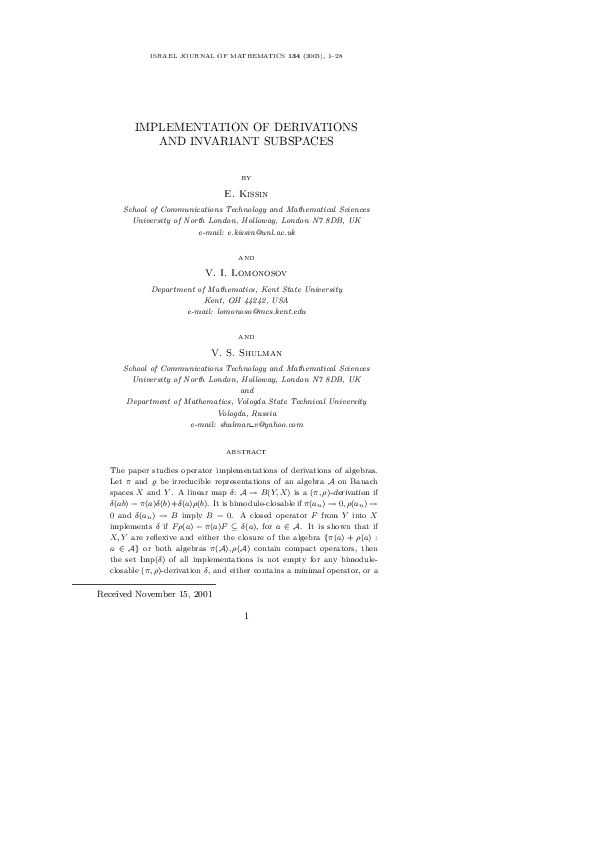 Pdf Operator Implementations Of Derivations In Algebras