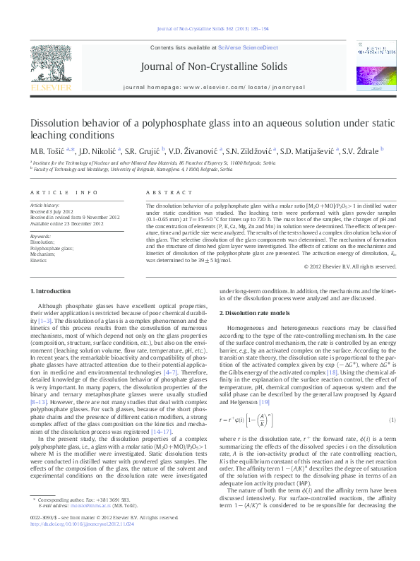 (PDF) Dissolution behavior of a polyphosphate glass into an aqueous ...