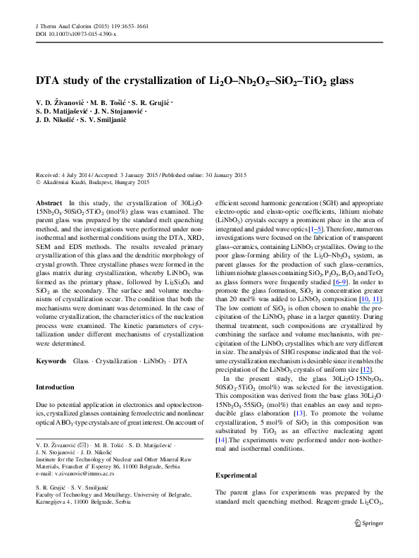 (PDF) DTA study of the crystallization of Li2O–Nb2O5–SiO2–TiO2 glass | Snezana Grujic - Academia.edu