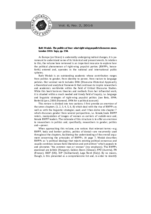 Book review: Ruth Wodak. The politics of fear: what right-wing populist ...