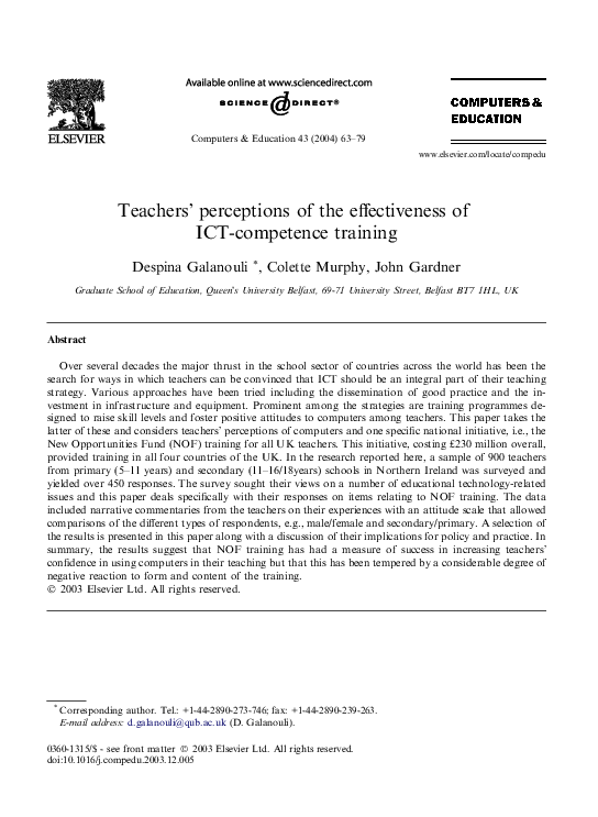 (PDF) Teachers' perceptions of the effectiveness of ICT-competence training