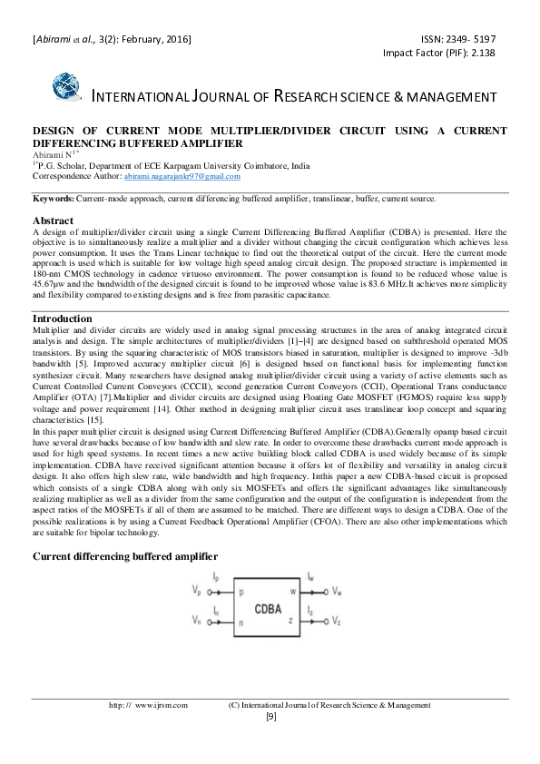Pdf Design Of Current Mode Multiplierdivider Circuit Using A Current