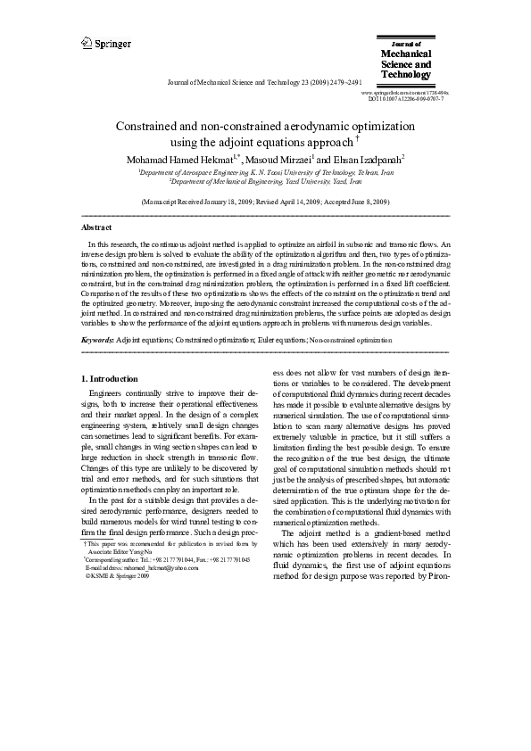 Pdf Constrained And Non Constrained Aerodynamic Optimization Using The Adjoint Equations Approach