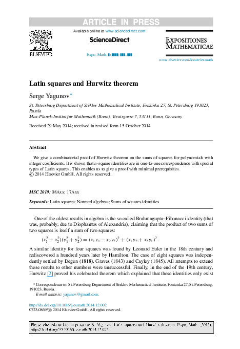 (PDF) Latin squares and Hurwitz theorem
