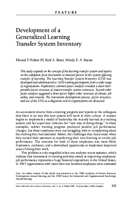 (PDF) Development of a generalized learning transfer system inventory
