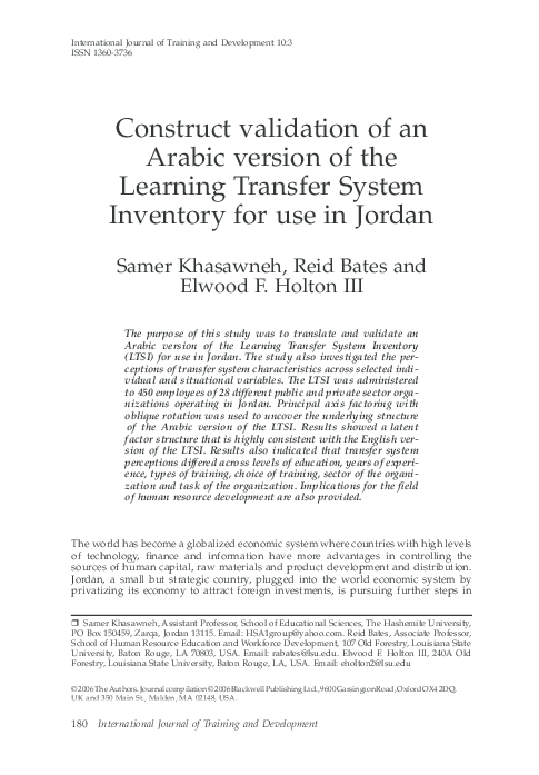 (PDF) Construct validation of an Arabic version of the Learning Transfer System Inventory for ...