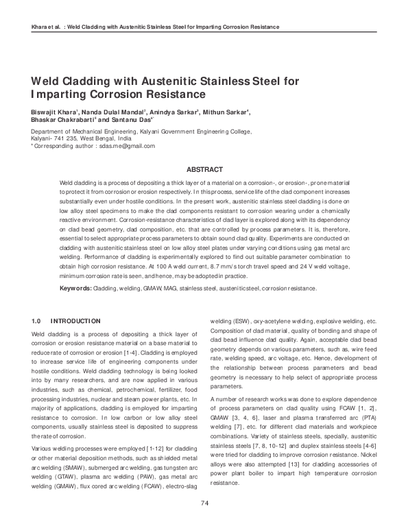 (PDF) Weld Cladding with Austenitic Stainless Steel for Imparting ...