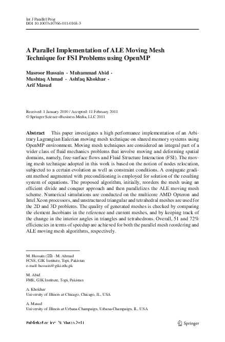Pdf A Parallel Implementation Of Ale Moving Mesh Technique For Fsi Problems Using Openmp