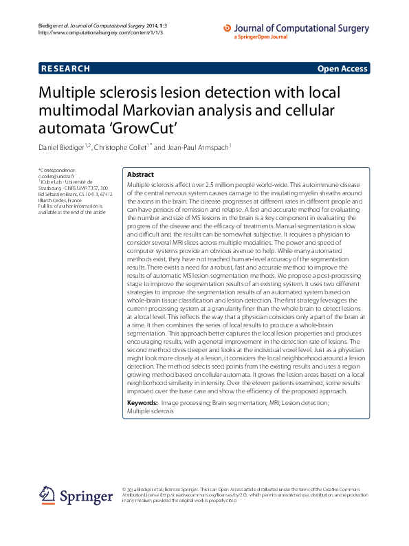 Pdf Multiple Sclerosis Lesion Detection With Local Multimodal Markovian Analysis And Cellular