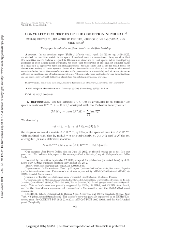 (PDF) CONVEXITY PROPERTIES OF THE CONDITION NUMBER II | Michael Shub ...