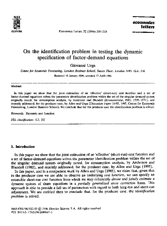 Pdf On The Identification Problem In Testing The Dynamic Specification Of Factor Demand Equations