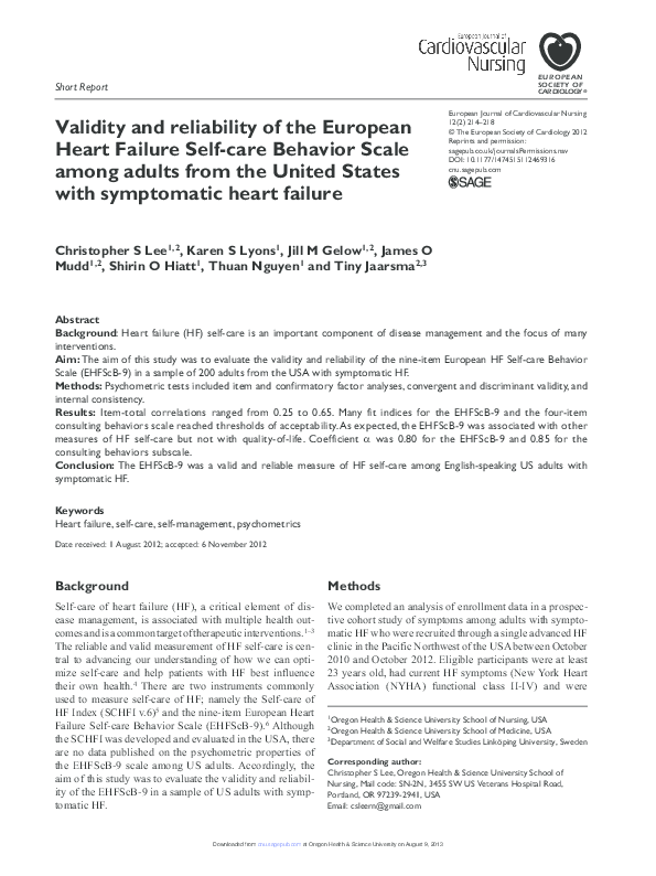(PDF) Validity and reliability of the European Heart Failure Self-care ...
