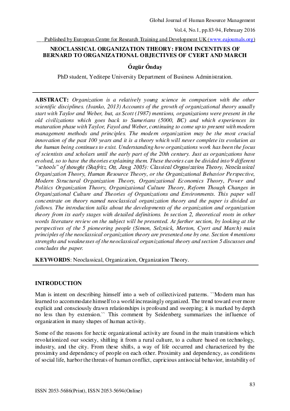 (PDF) Neoclassical Organization Theory: From Incentives of Bernard to ...