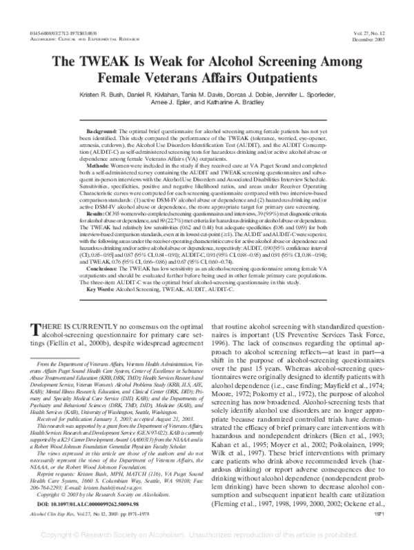 (PDF) The TWEAK Is Weak for Alcohol Screening Among Female Veterans ...
