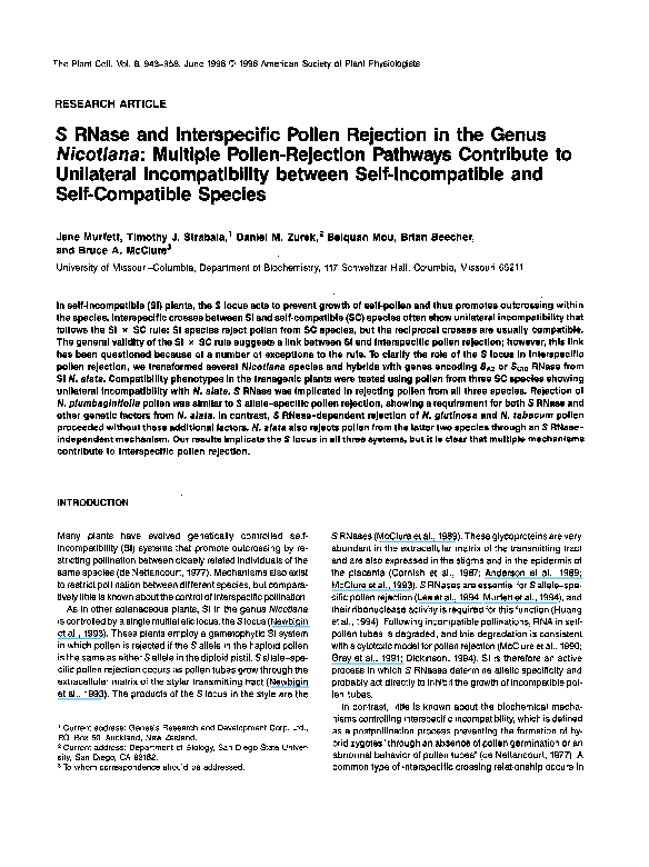 (PDF) S RNase and Interspecific Pollen Rejection in the Genus Nicotiana ...