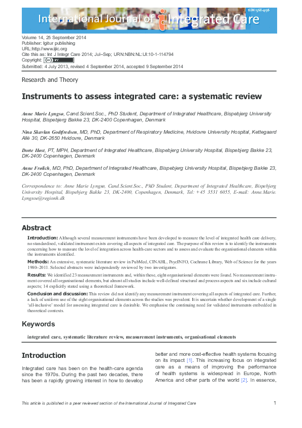 (PDF) Instruments to assess integrated care: a systematic review