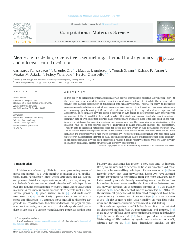 (PDF) Mesoscale modelling of selective laser melting: Thermal fluid dynamics and microstructural ...