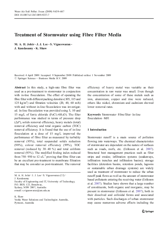 (PDF) Treatment of Stormwater using Fibre Filter Media | M. Johir ...