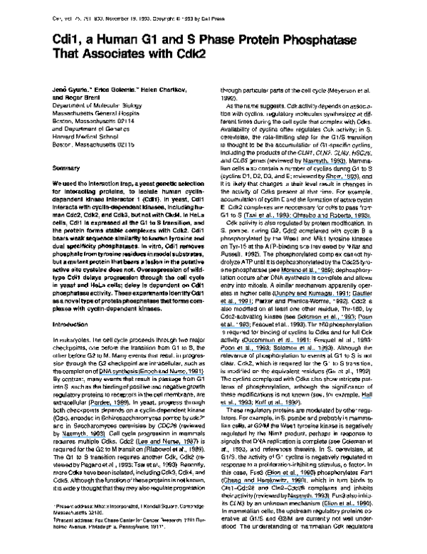 (PDF) Cdi1, a human G1 and S phase protein phosphatase that associates ...