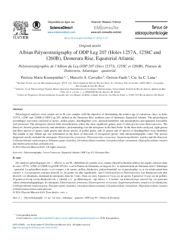 (PDF) Albian Palynostratigraphy of ODP Leg 207 (Holes 1257A, 1258C and ...