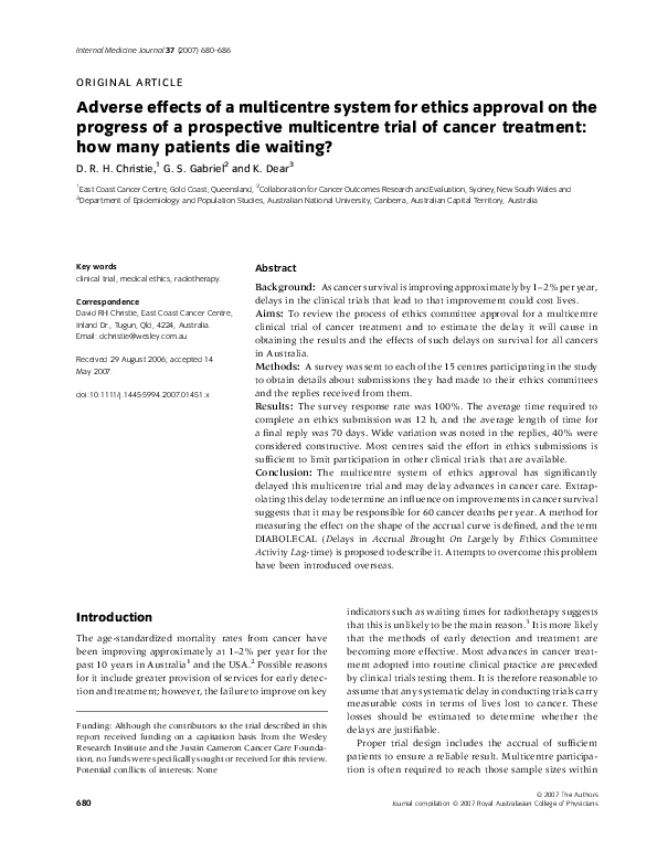 (PDF) Adverse effects of a multicentre system for ethics approval on ...