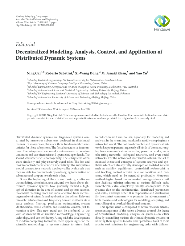 (PDF) Decentralized Modeling, Analysis, Control, and Application of Distributed Dynamic Systems