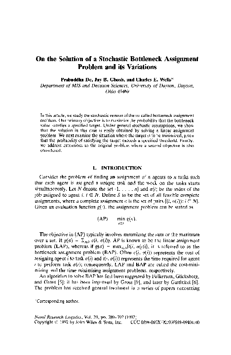 (PDF) On the solution of a stochastic bottleneck assignment problem and its variations