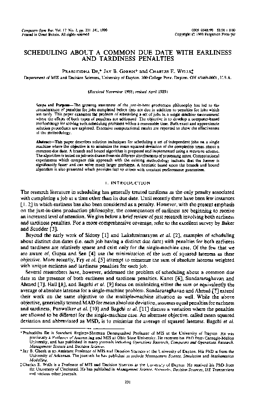 Pdf Scheduling About A Common Due Date With Earliness And Tardiness Penalties