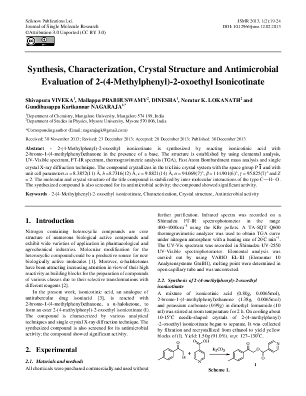 (PDF) Synthesis, Characterization, Crystal Structure and Antimicrobial Evaluation of 2-(4 ...